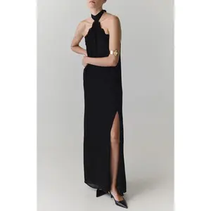 Mango Halter Neck Maxi Dress With Floral Appliqués - Black