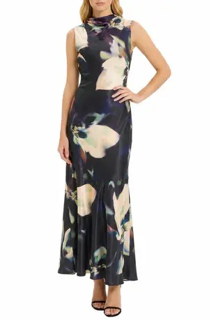 Maggy London Floral Print Sleeveless Satin Gown - Black/cream