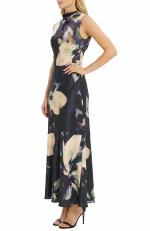 Maggy London Sleeveless Floral Print Satin Gown