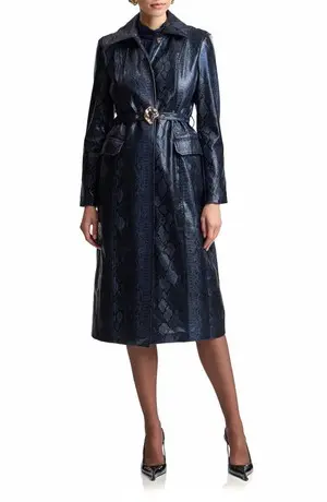 Avec Les Filles Snakeskin Embossed Faux Leather Belted Trench Coat