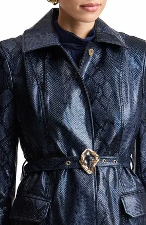 Avec Les Filles Snakeskin Embossed Faux Leather Belted Trench Coat