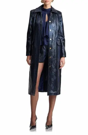 Avec Les Filles Snakeskin Embossed Faux Leather Belted Trench Coat