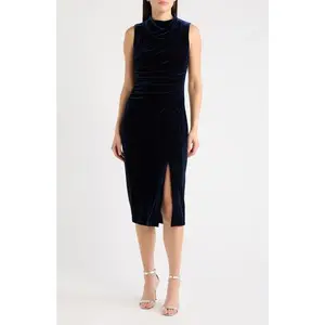 Vince Camuto High Cowl Neck Ruched Velvet Midi Dress - Navy