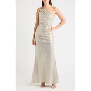 Eliza J Metallic One-shoulder Ruched Mermaid Gown