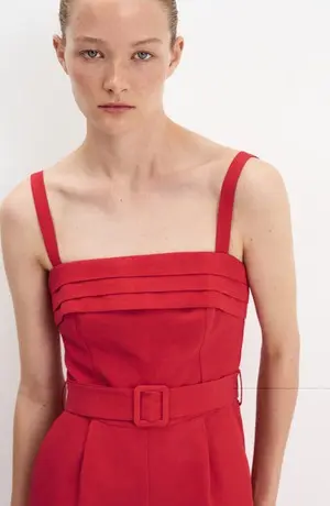 Mango Pleated Linen Blend Jumpsuit With Belt