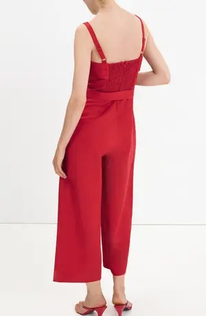 Mango Pleated Linen Blend Jumpsuit With Belt - Red