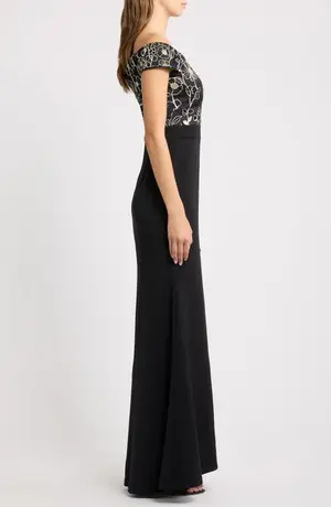 Eliza J Floral Embroidered Off-the-shoulder Trumpet Gown