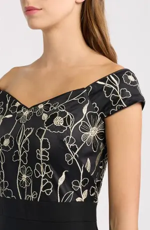 Eliza J Floral Embroidered Off-the-shoulder Trumpet Gown