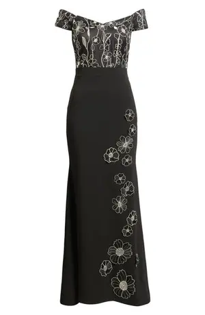 Eliza J Floral Embroidered Off-the-shoulder Trumpet Gown