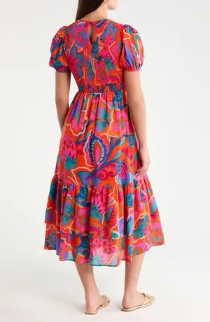 SUGARLIPS Kahlia Smocked Cotton Tropical Print Midi Dress