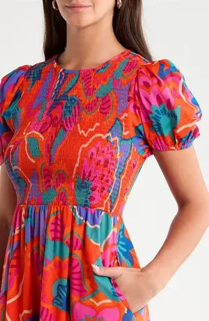 SUGARLIPS Kahlia Smocked Cotton Tropical Print Midi Dress