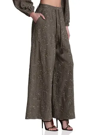 Avec Les Filles Embroidered Extreme Wide Leg Palazzo Pants