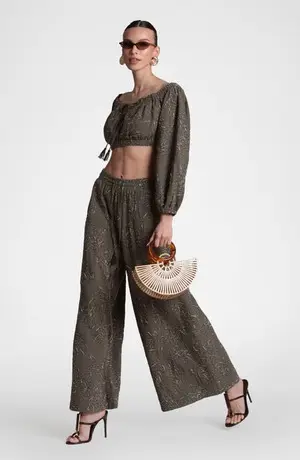 Avec Les Filles Embroidered Extreme Wide Leg Palazzo Pants