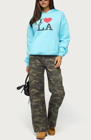 EDIKTED Soya Camo Print Low Rise Baggy Jeans