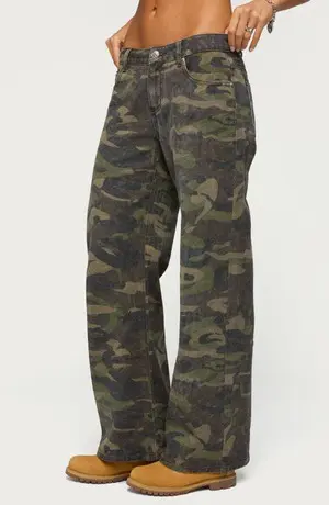 EDIKTED Soya Camo Print Low Rise Baggy Jeans