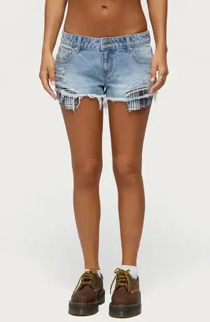 EDIKTED Catrine Low Rise Plaid Pocket Denim Cutoff Shorts