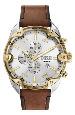 DIESEL® Spiked Chronograph Leather Strap Watch - Brown