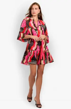 Trina Turk Amatas Printed Georgette Mini Dress With Puff Sleeves And Ruffled Hem