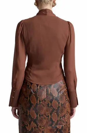 Avec Les Filles Long Sleeve Bow Tie Crinkle Crepe Top
