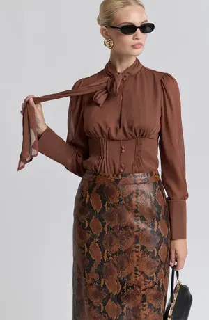 Avec Les Filles Long Sleeve Bow Tie Crinkle Crepe Top