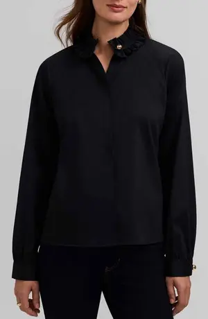 Foxcroft Colette Ruffle Collar Long Sleeve Shirt - Black