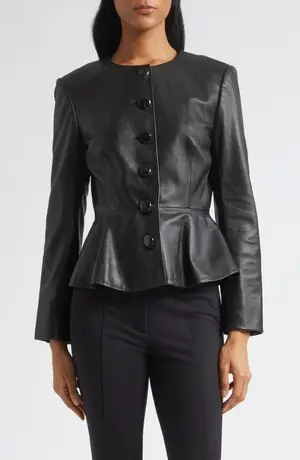 Veronica Beard Quinn Leather Peplum Jacket - Black