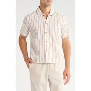 RHYTHM Vacation Stripe Crop Short Sleeve Cotton Button-up Shirt - Beige Multi