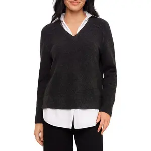 Karen Kane Layered V-neck Sweater With Point Collar - Charcoal