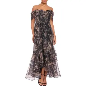 Maggy London Off-the-shoulder Organza Gown - Navy/buff