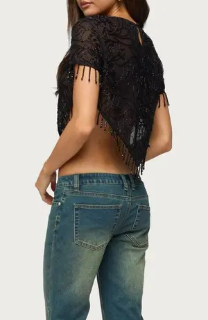 EDIKTED Yanna Beaded Fringe Poncho Crop Top
