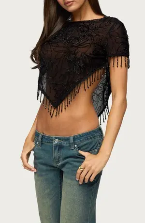 EDIKTED Yanna Beaded Fringe Poncho Crop Top