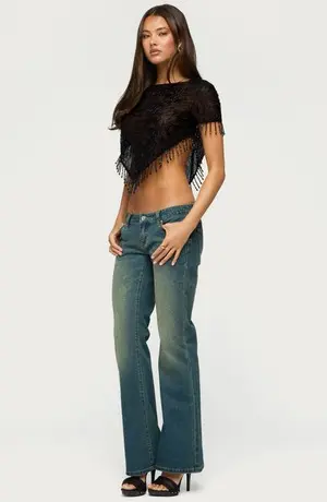 EDIKTED Yanna Beaded Fringe Poncho Crop Top