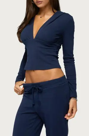 EDIKTED Natashah Hooded Plunge Long Sleeve Crop Top
