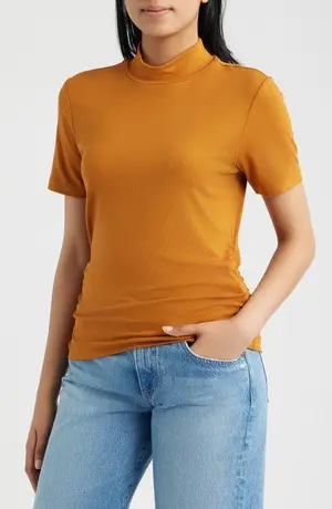 CITY BLUES Short Sleeve Mock Neck Top - Curry