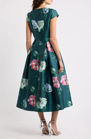 Eliza J Floral Cap Sleeve Satin Midi Dress