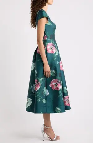 Eliza J Floral Cap Sleeve Satin Midi Dress