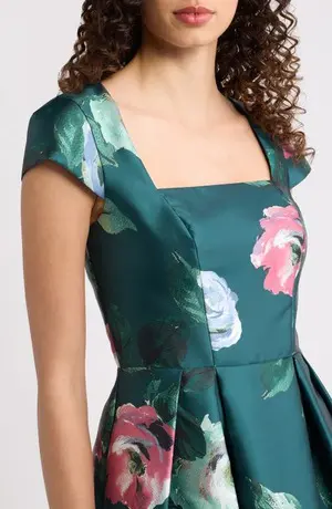 Eliza J Floral Cap Sleeve Satin Midi Dress