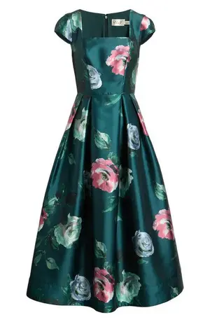 Eliza J Floral Cap Sleeve Satin Midi Dress