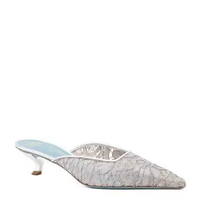 VALENTINA RANGONI Lace Pointed Toe Kitten Heel Slides - Metallic Silver