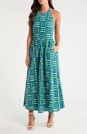 SUGARLIPS Daine Fish Print Cotton Halter Maxi Dress