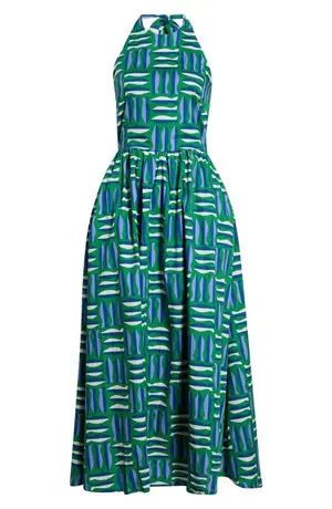 SUGARLIPS Daine Fish Print Cotton Halter Maxi Dress
