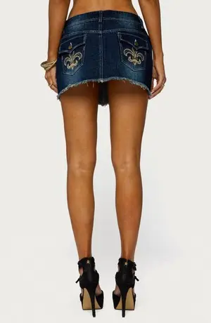 EDIKTED Dreya Embroidered Low Rise Denim Miniskirt