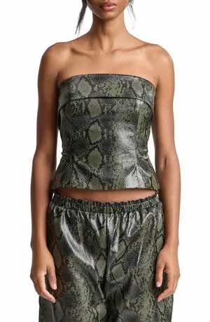 Avec Les Filles Python Print Faux Leather Strapless Top