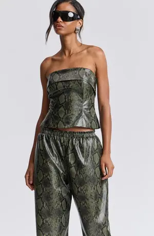 Avec Les Filles Python Print Faux Leather Strapless Top