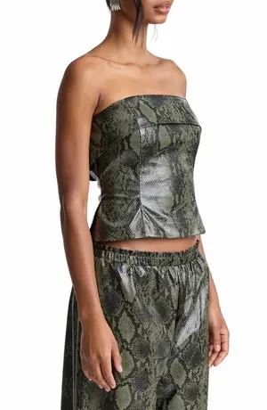 Avec Les Filles Python Print Faux Leather Strapless Top