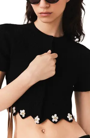Maje Cropped Textured Knit Cardigan With Floral Embellishments