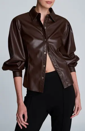 KENNETH COLE Pleated Faux Leather Snap Front Top - Medium Bark