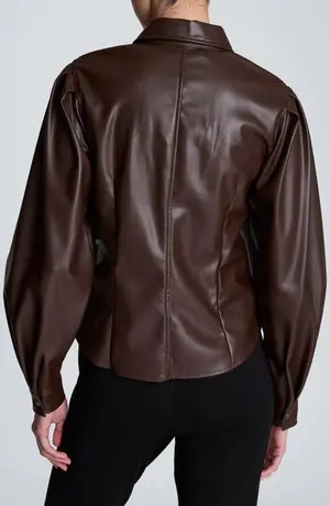 KENNETH COLE Pleated Faux Leather Snap Front Top - Medium Bark