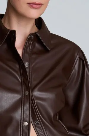KENNETH COLE Pleated Faux Leather Snap Front Top - Medium Bark