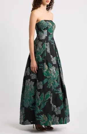 Eliza J Strapless Metallic Jacquard A-line Gown